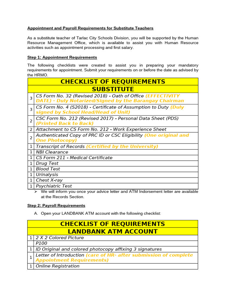 CHECKLIST (Substitute Teacher Appointment and Payroll Requirements ...