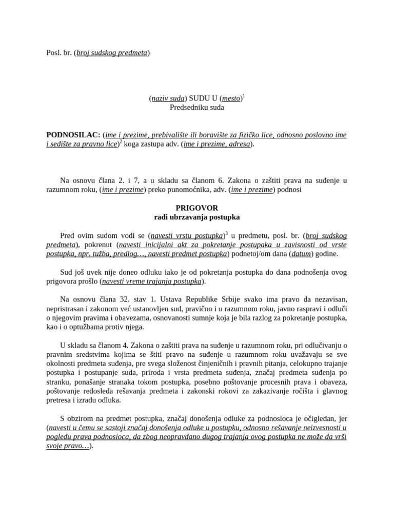 Prigovor Radi Ubrzavanja Postupka Kada Je Povredu Prava Na Suđenje U ...