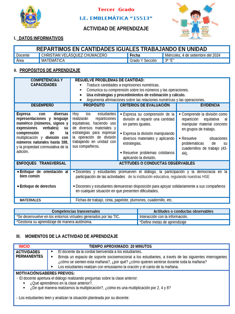 Sesión de Mate Repartimos en Partes Iguales 04 de Setiembre | PDF ...