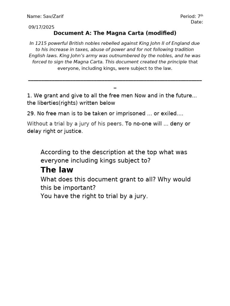 The Law: Document A: The Magna Carta (Modified) | PDF | United States ...