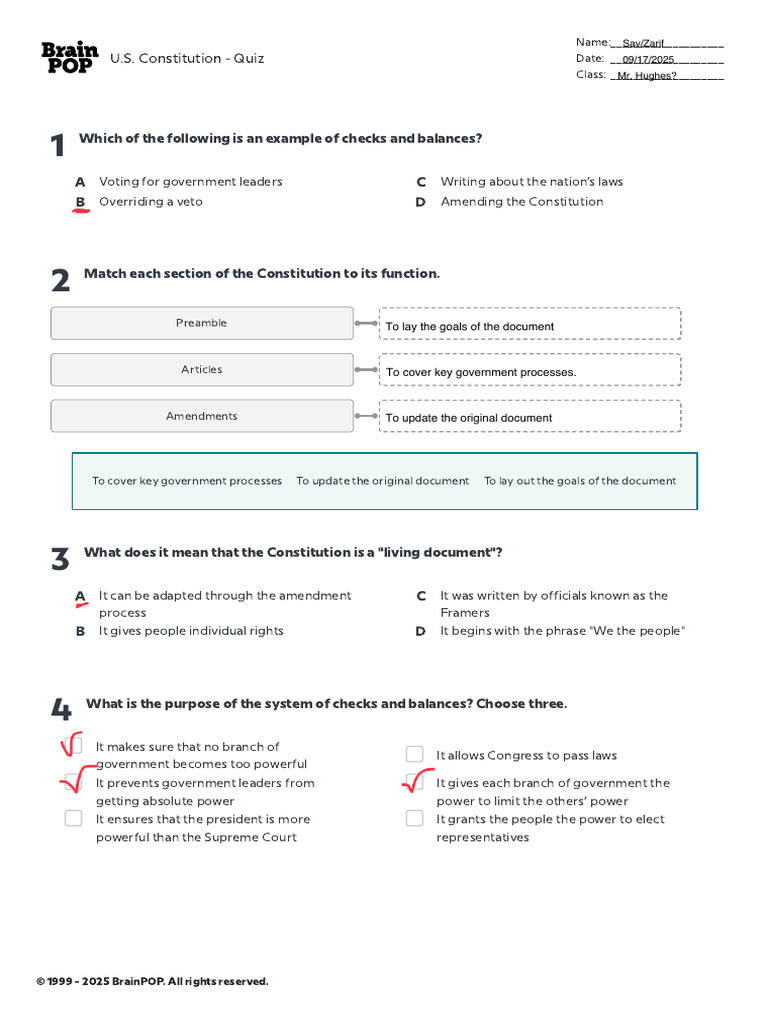 U S +Constitution+BrainPop+Quiz | PDF | Separation Of Powers Under The ...