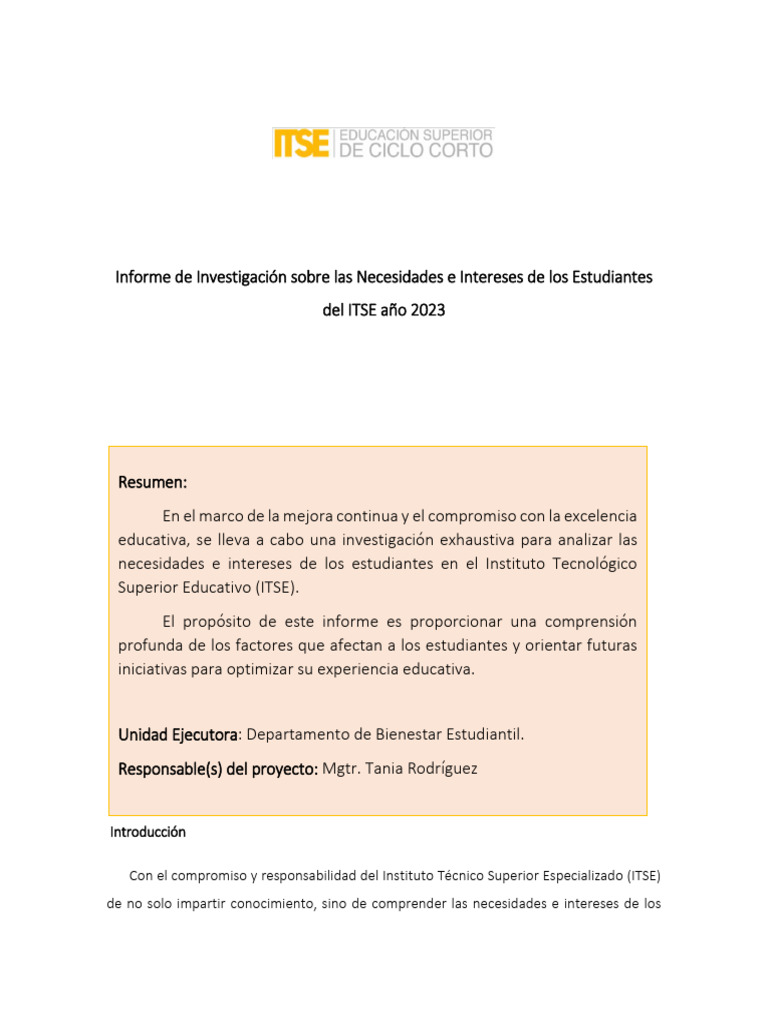 Informe de Investigación Del Perfil de Estudiante Las Necesidades e ...