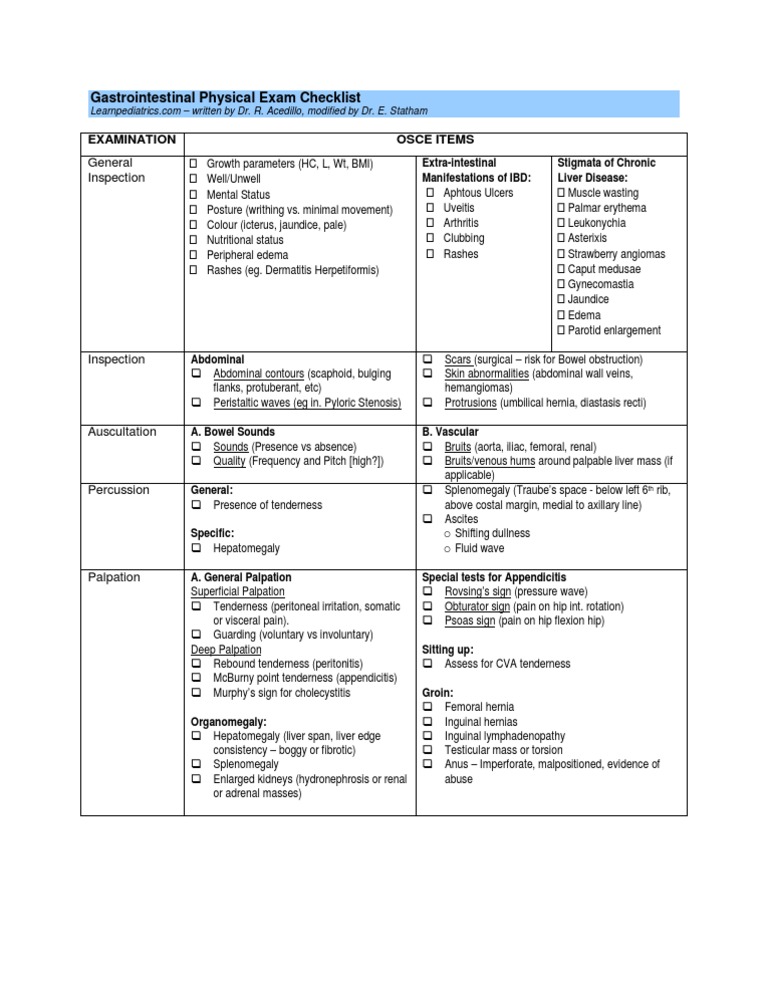Preventive Exam Checklist Gastrointestinal Physical Exam Checklist 1