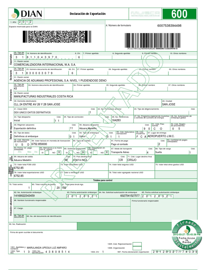 DOCUMENTO DE EXPORTACION | aduana | Economias