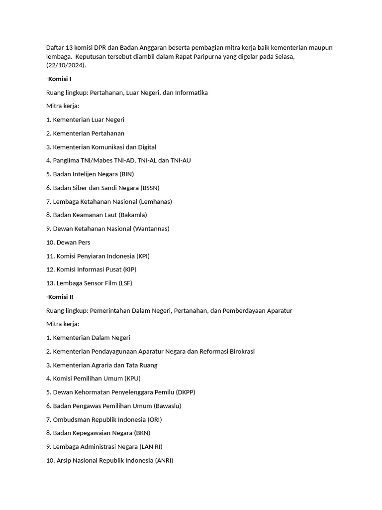 Komisi DPR dan Mitra Kerja 2024 | PDF
