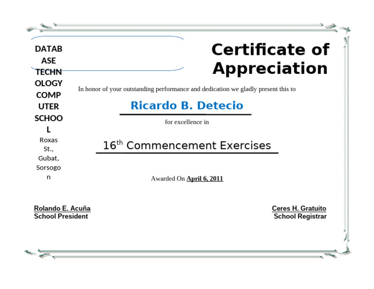 Certificate of Appreciation for Excellence | PDF