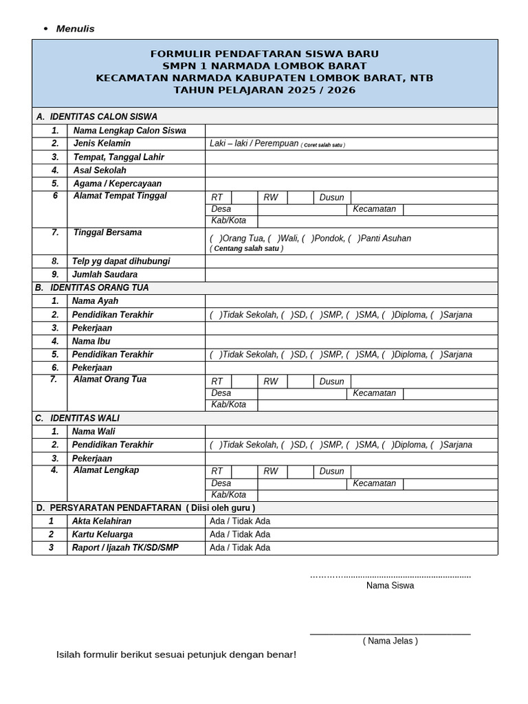 Formulir Pendaftaran Siswa Baru Usp | PDF