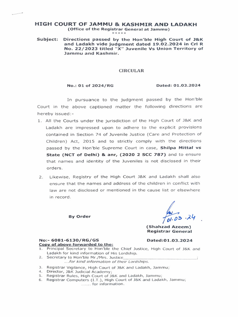 High Court J&K Juvenile Justice Directives | PDF | Justice | Crime ...