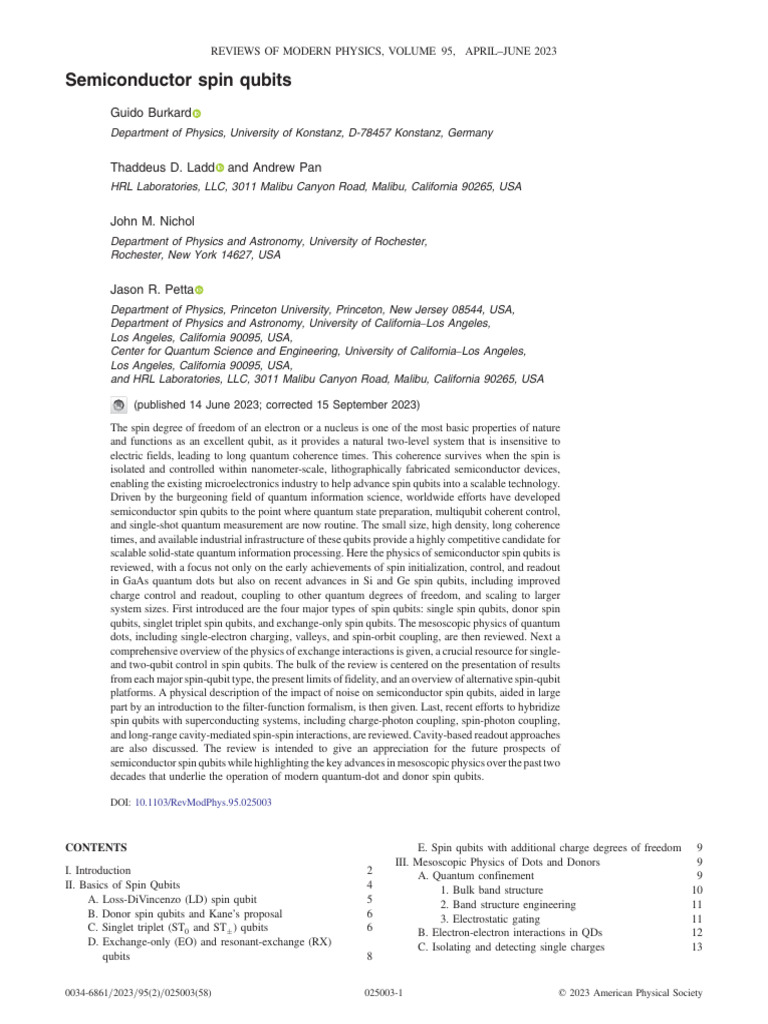 Burkard - Semiconductor Spin Qubits | PDF | Spin (Physics) | Electron