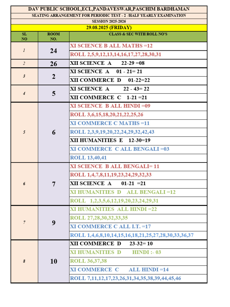 Xi & Xii Seating Plan (29.08.25) | PDF