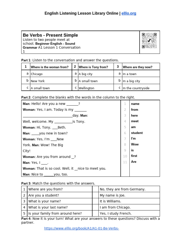 A1 01 1 Be Verbs Introductions Word Gap | PDF | Language Mechanics | Syntax