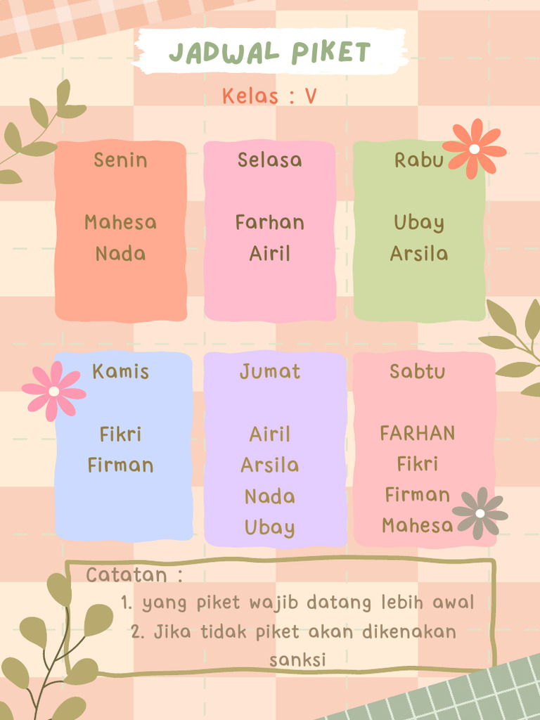 Warna Warni Bunga Imut Jadwal Piket Kelas - 20250805 - 221134 - 0000 | PDF