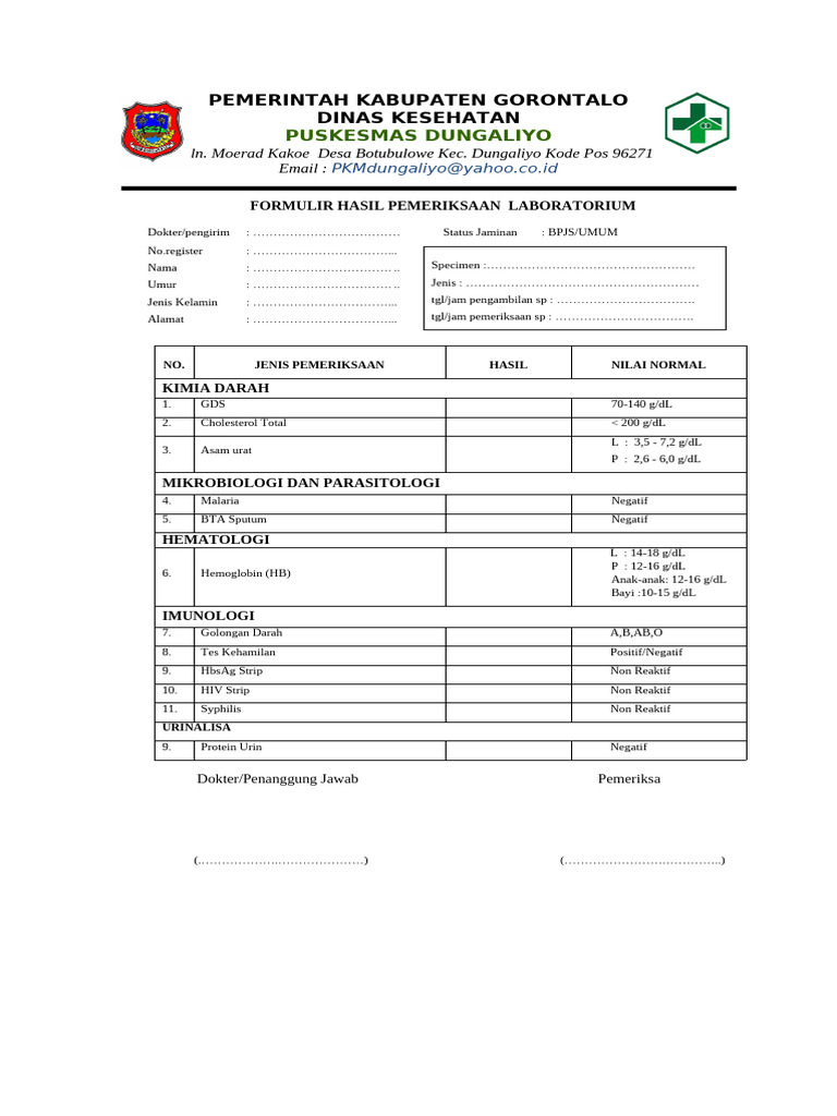 Hasil Pemeriksaan Laboratorium Puskesmas Dungaliyo | PDF