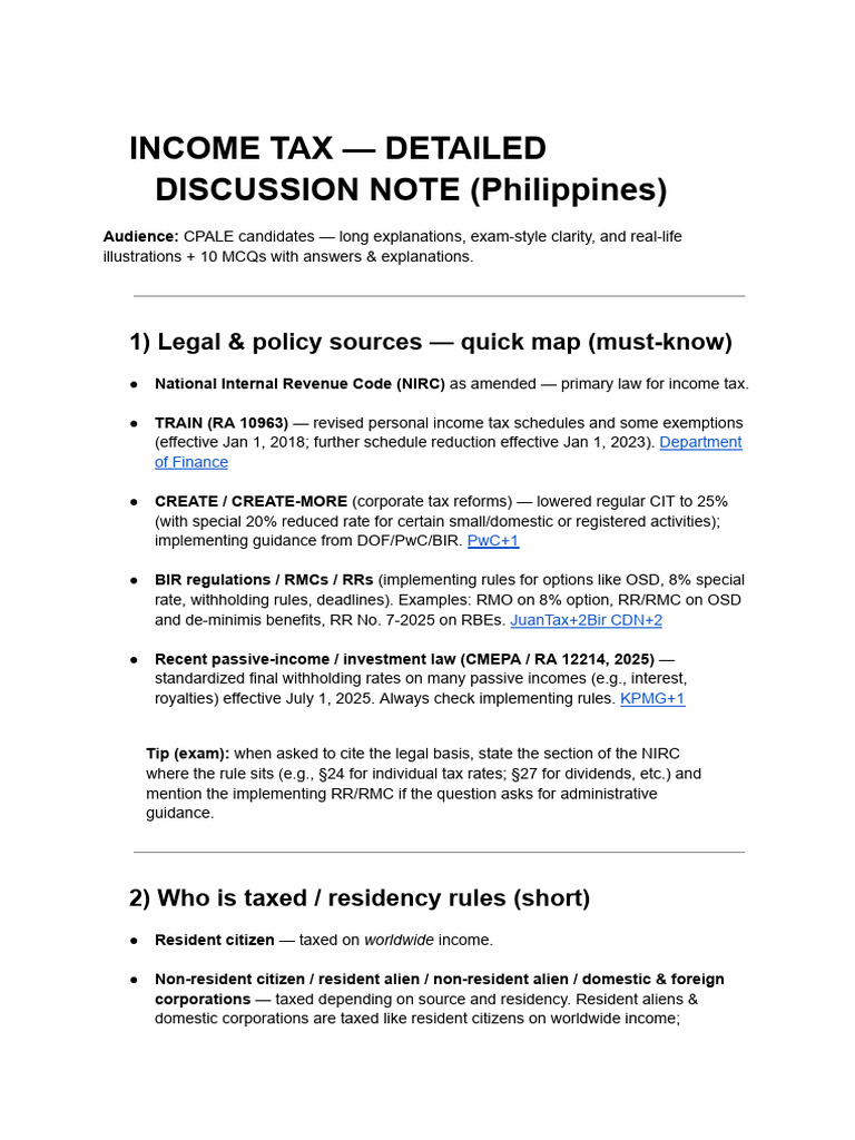 Philippines Income Tax Guide for CPALE | PDF | Tax Deduction | Taxes