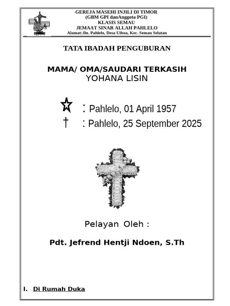 Tata Ibadah Penguburan Yohana Lisin | PDF