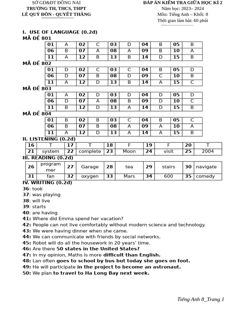 English 8 Midterm Exam Answers 2023 | PDF