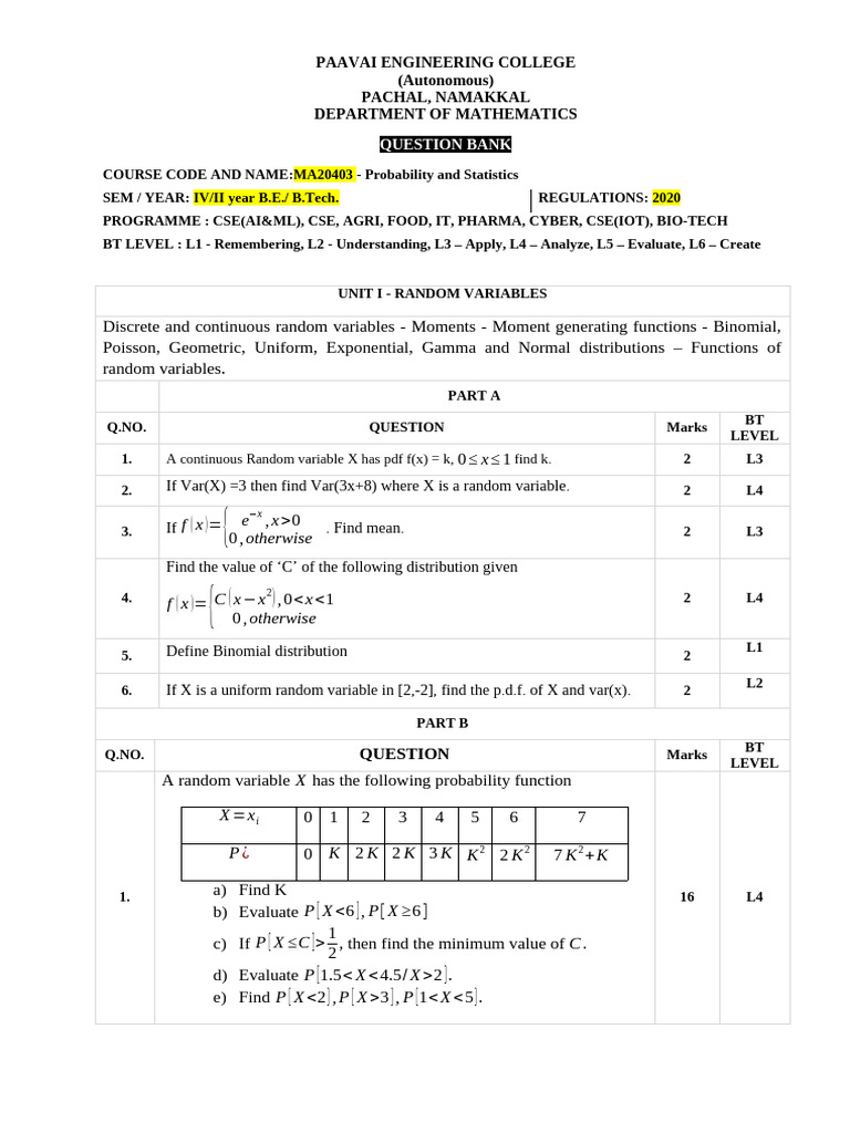 Arrear P&S - Ma23405 - Question Bank | PDF | Probability Distribution ...