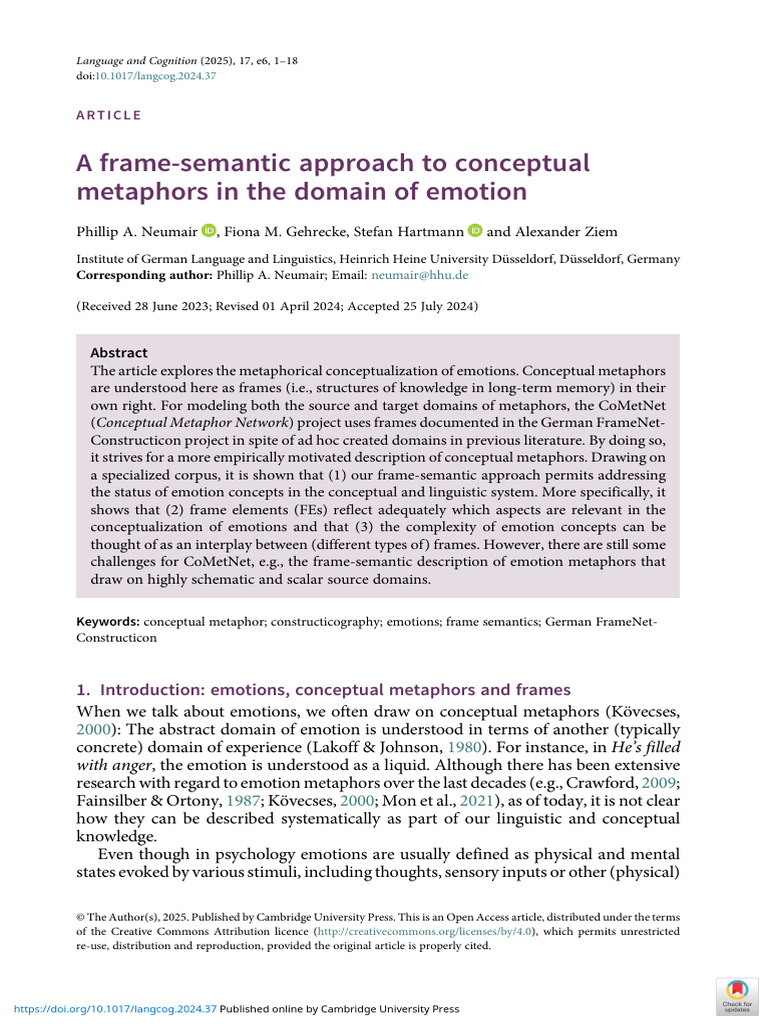 A Frame-Semantic Approach To Conceptual Metaphors in The Domain of Emotion | PDF | Metaphor ...