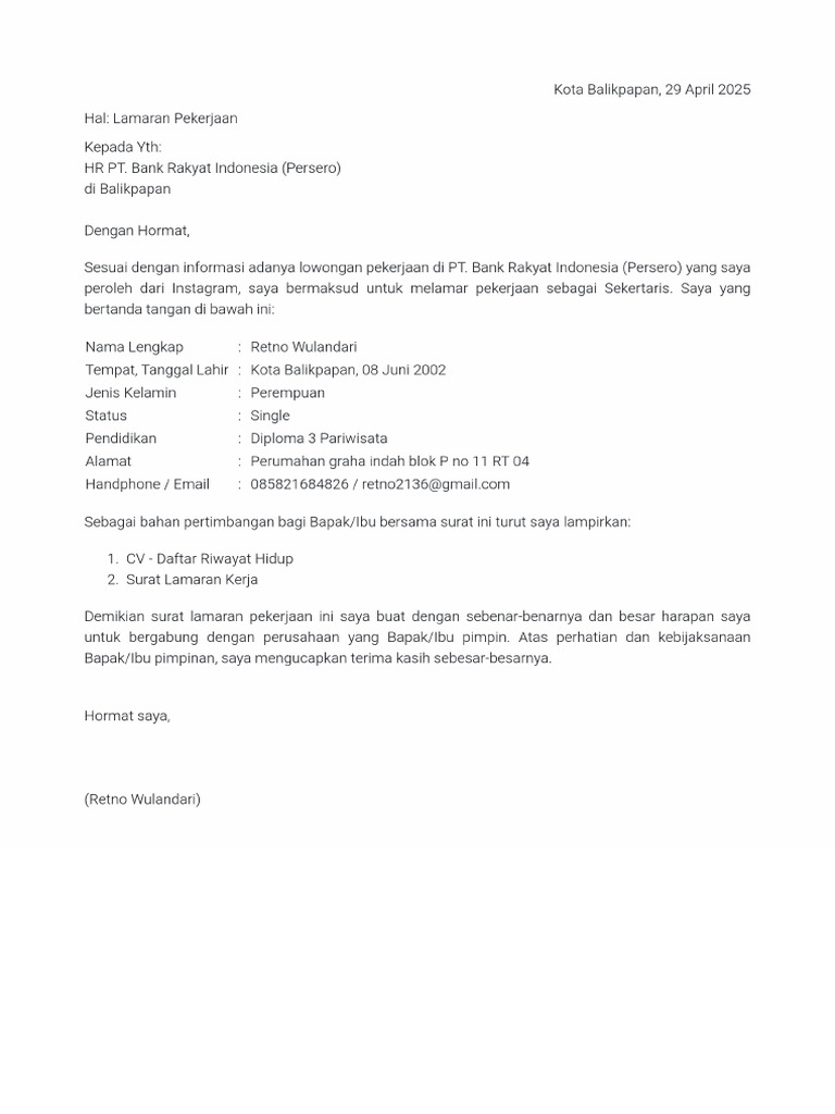 Retno Wulandari - Lamaran - Sekertaris Bank BRI | PDF