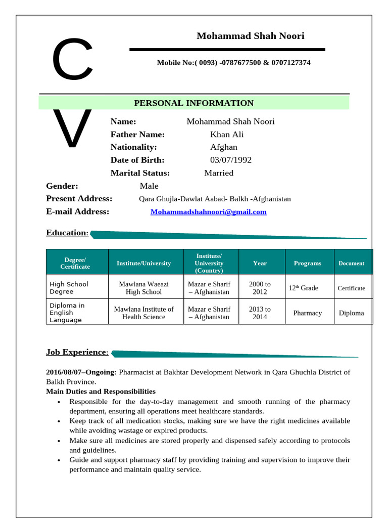 Mohammad Shah Noori CV - Resume | PDF | Pharmacy | Medicine