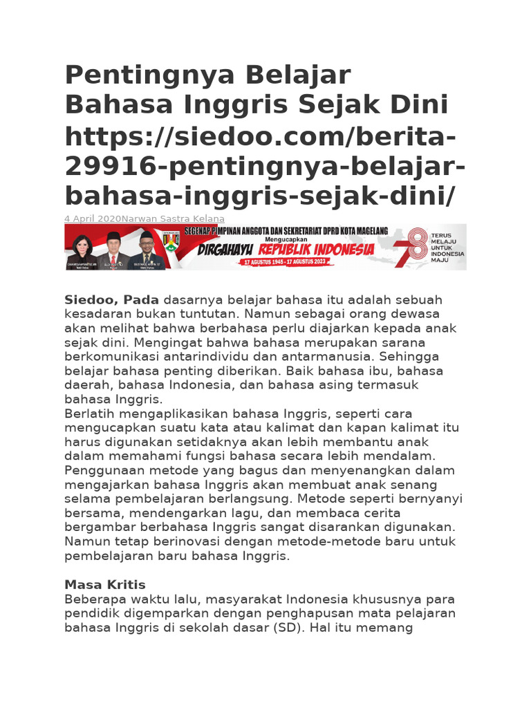 Pentingnya Belajar Bahasa Inggris Sejak Dini | PDF