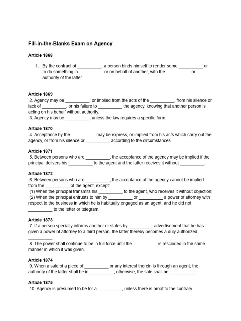 Fill-In-The-Blanks Exam On Agency | PDF | Power Of Attorney | Civil Law ...