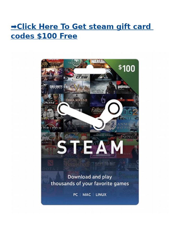 Steam Gift Card Codes ($100 Free, Redeem) 2025 | PDF