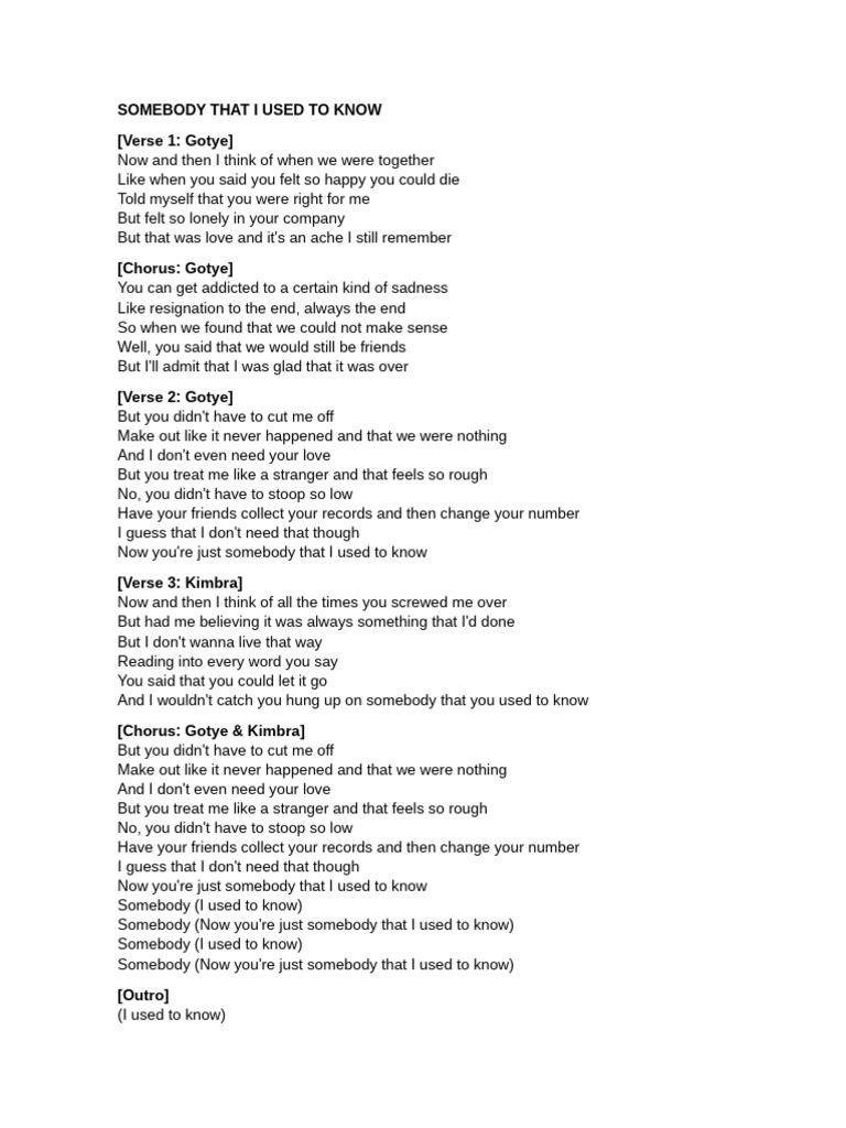 Somebody That I Used to Know Lyrics | PDF