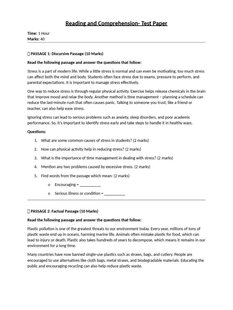 Reading Comprehension Test Paper | PDF | Stress (Biology) | Plastic