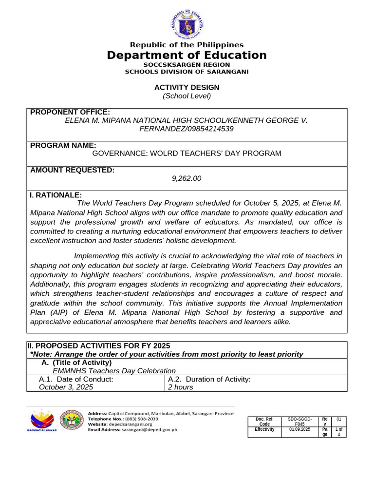 World Teachers Day - Activity Design | PDF