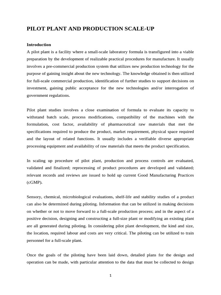 Pilot Plant and Production Scale Up | PDF | Risk | Evaluation