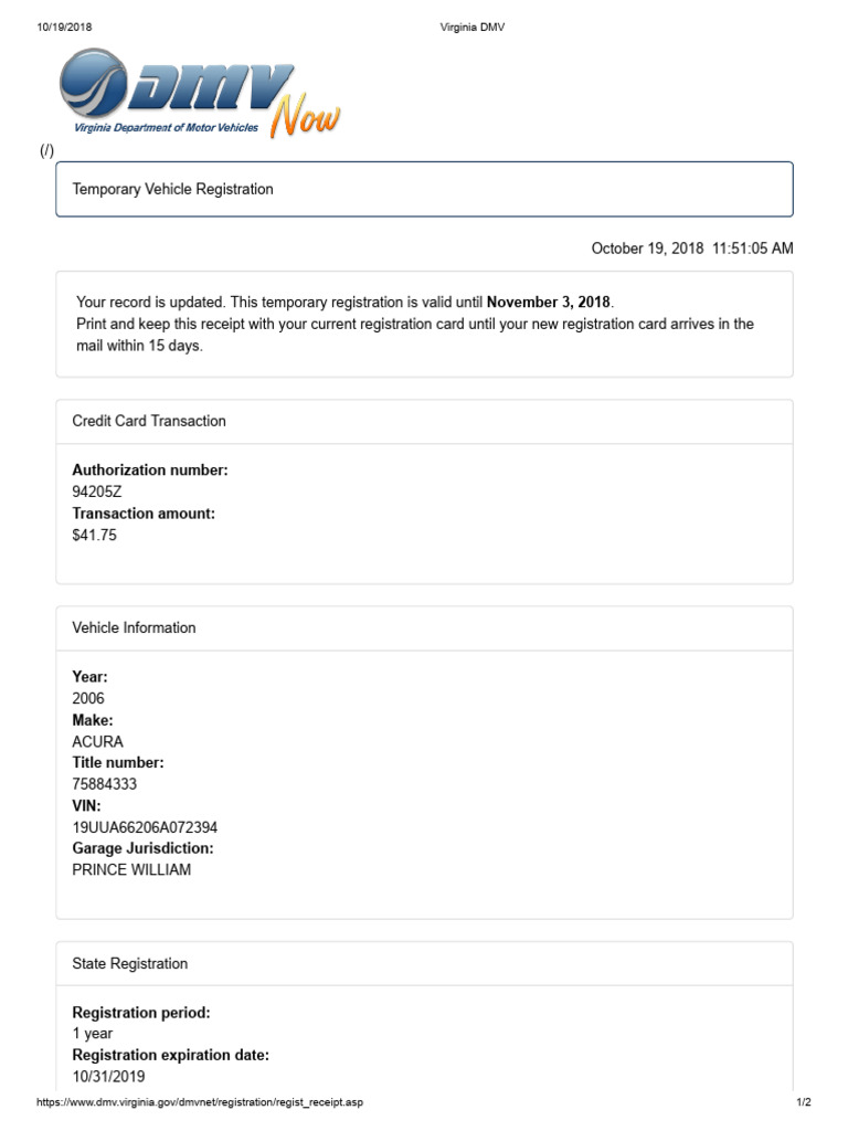 Virginia DMV Temporary Registration Receipt | PDF