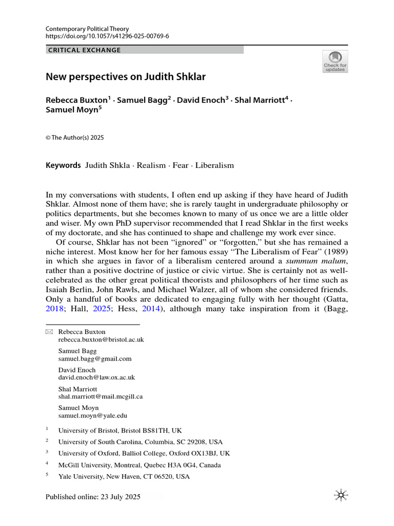 New Perspectives On Judith Shklar | PDF | Political Philosophy | Liberalism
