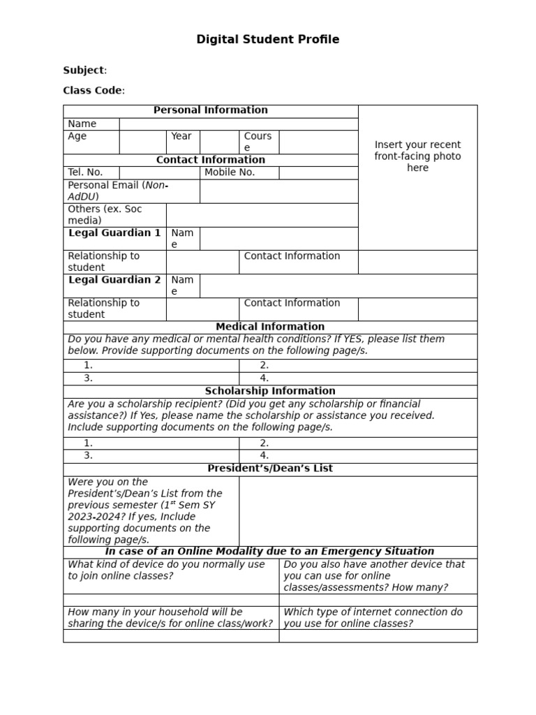 Digital Student Profile Form Template | PDF
