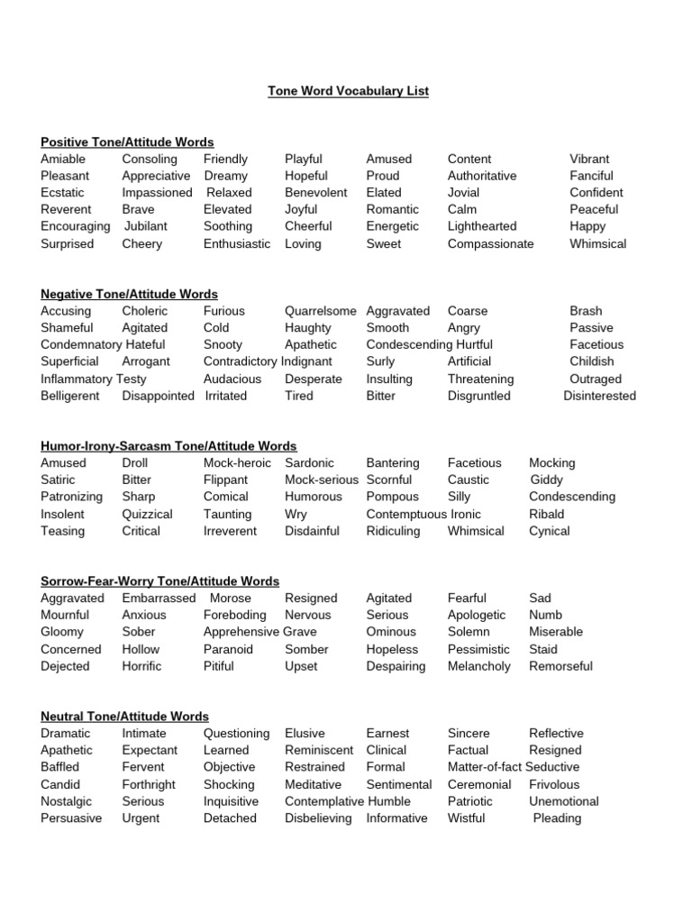Tone Word Vocabulary List | PDF