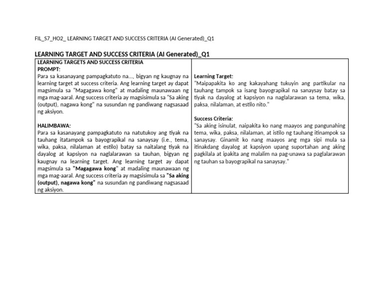 Fil - s7 - Ho2 - Ai PPT Example - Learning Targets and Success Criteria - q1 | PDF