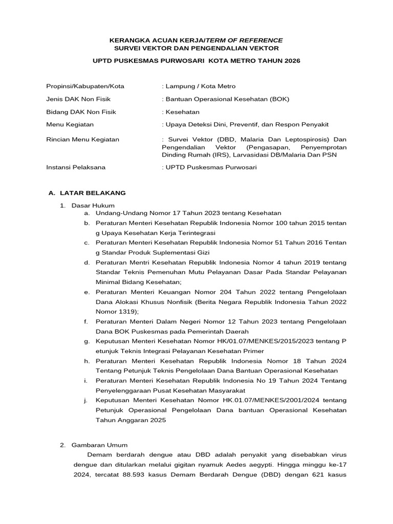 Tor Survei Dan Pengendalian Vektor 2026 | PDF