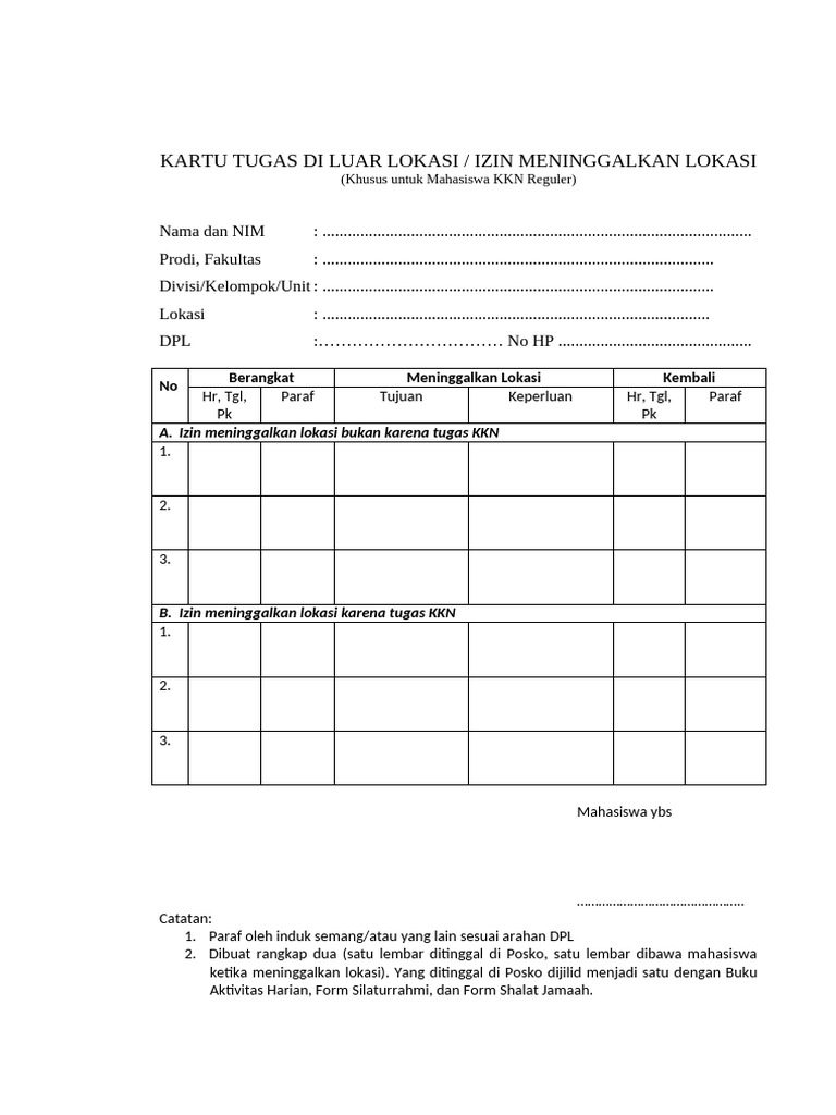 Form 2.c. - 1 - Kartu Izin Utk KKN Reguler | PDF