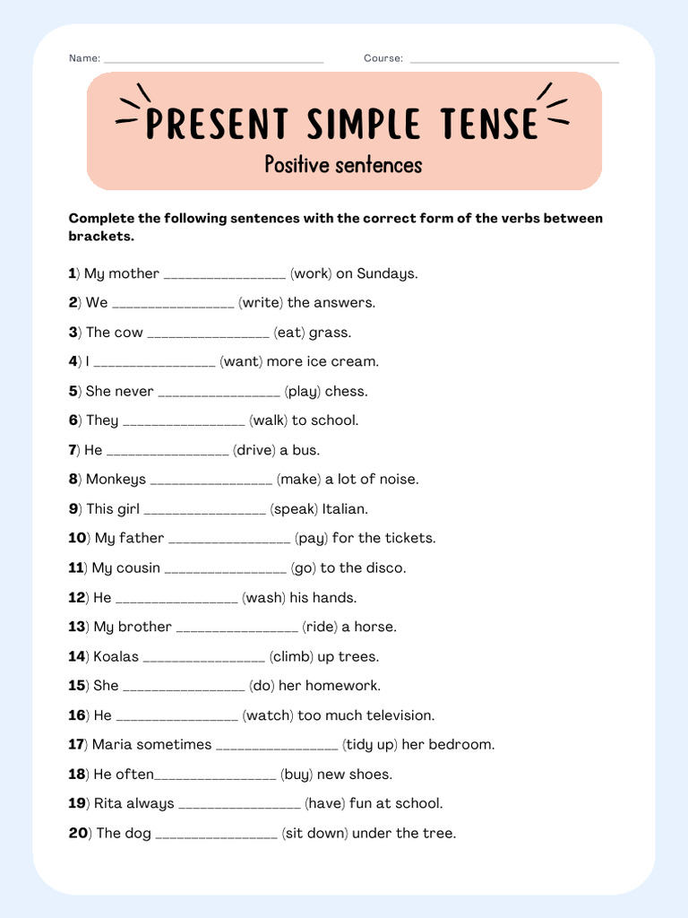 Colourful Pastel English Present Simple Tense Worksheets | PDF