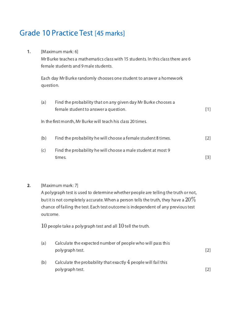 Grade 10 Practice Test | PDF | Probability | Expected Value