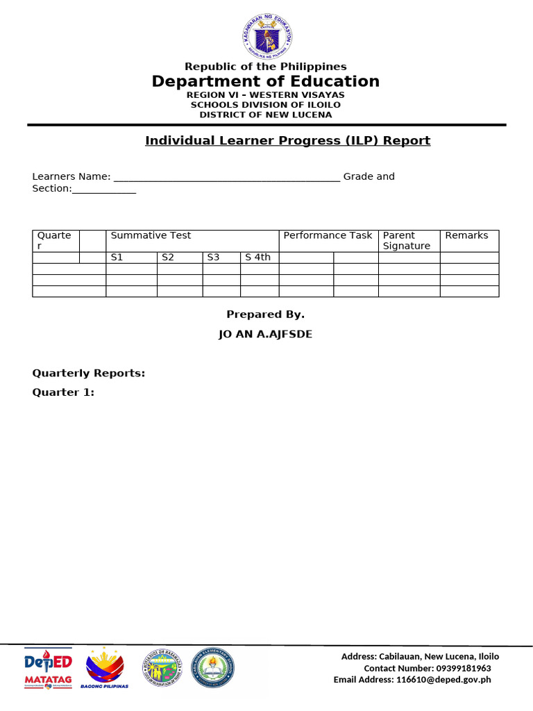 Department of Education: Individual Learner Progress (ILP) Report | PDF