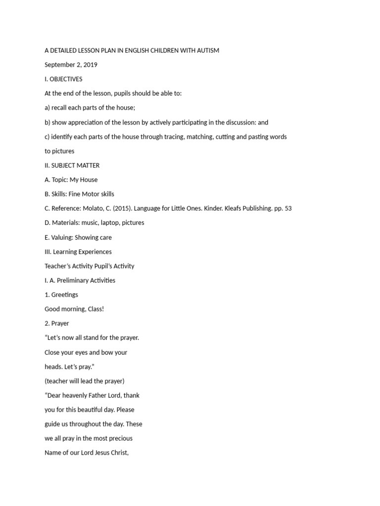 Lesson Plan for Teaching House Parts to Autistic Children | PDF | Wall ...