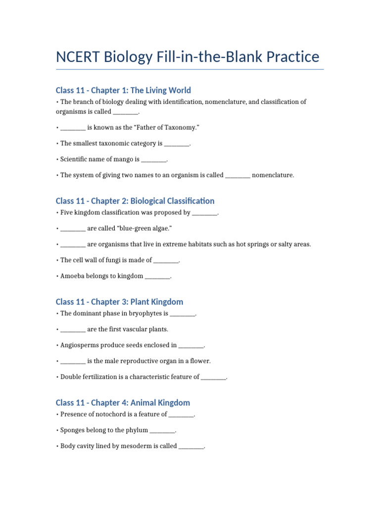 NCERT Biology Fill in The Blanks | PDF | Cell (Biology) | Biology