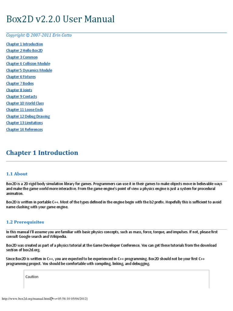 Box2D v2.2.0 User Manual: Chapter 1 Introduction | PDF | Friction | Pointer (Computer Programming)