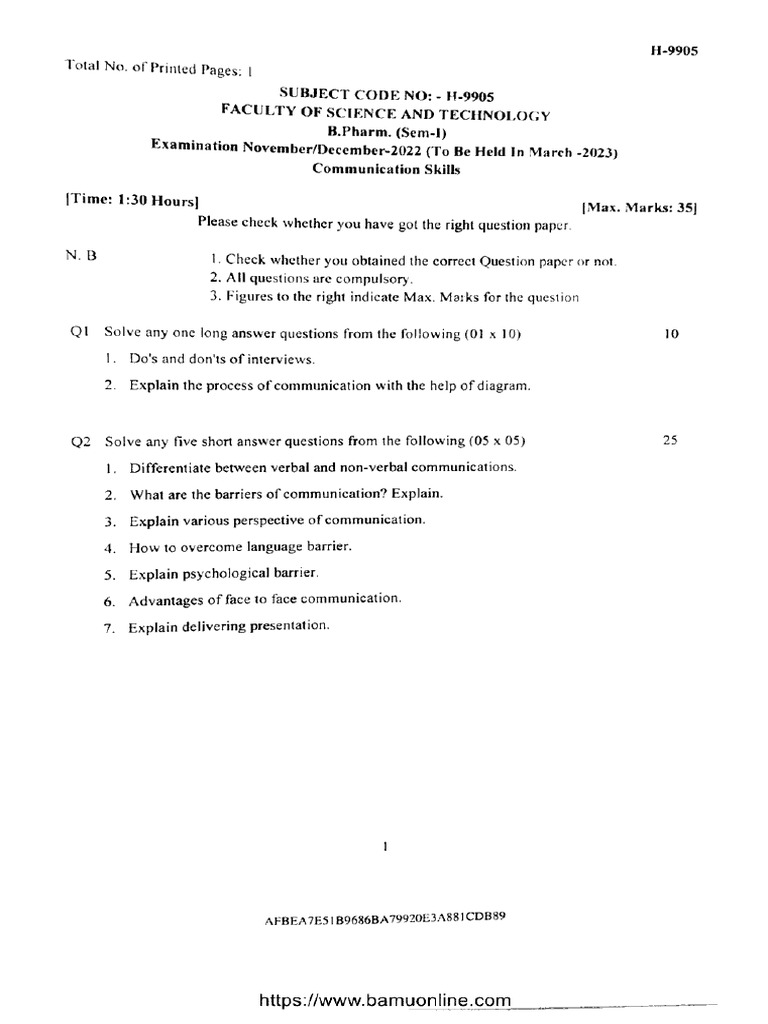 Bpharm 1 Sem Communication Skills H 9905 Mar 2023 | PDF
