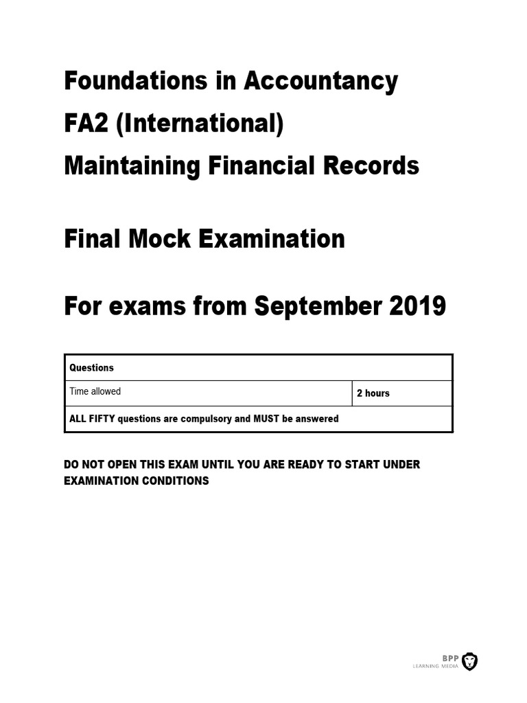 FA2 Mock Exam: Financial Records | PDF | Debits And Credits | Bookkeeping