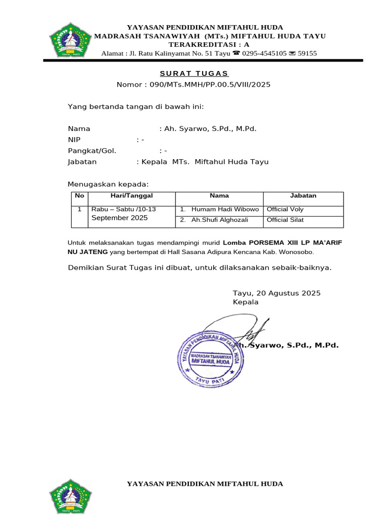 Surat Tugas Official Porsema | PDF