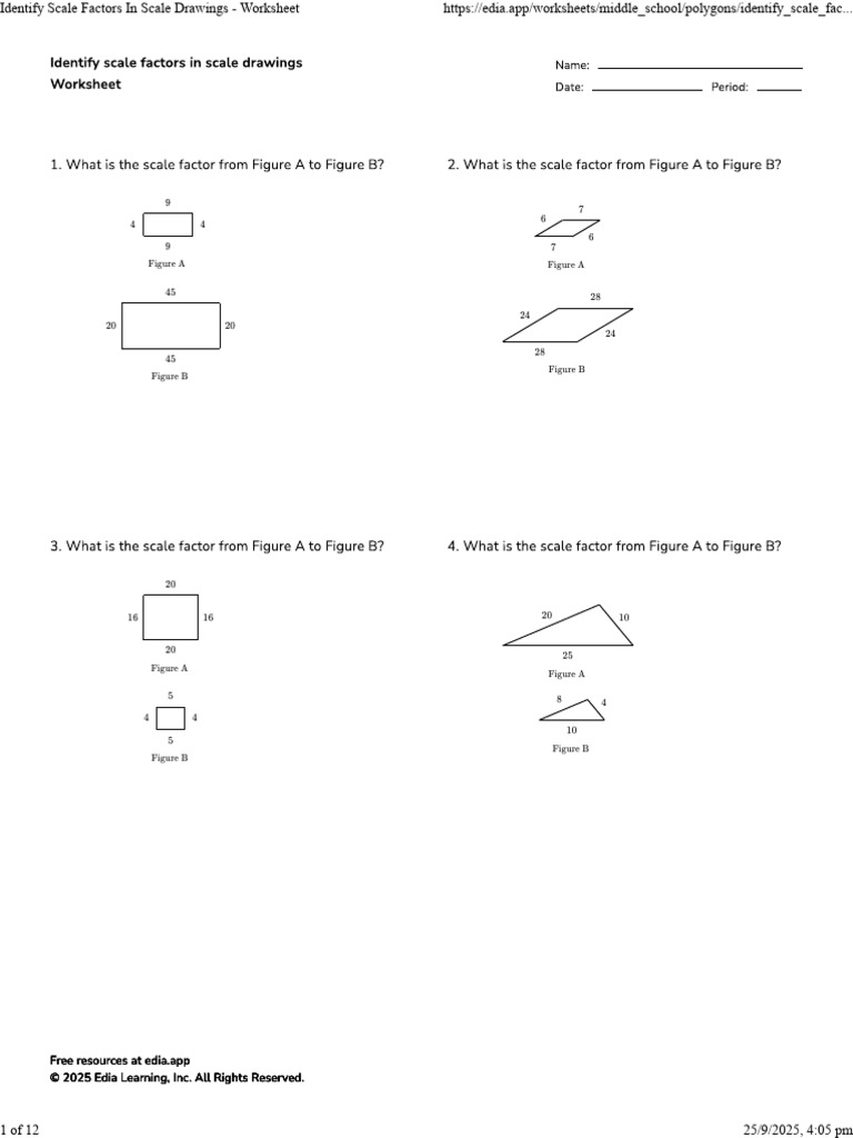 Identify Scale Factors in Scale Drawings - Worksheet | PDF | Length