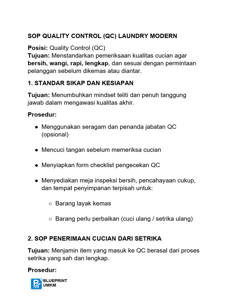 SOP QC Laundry Modern untuk UMKM | PDF