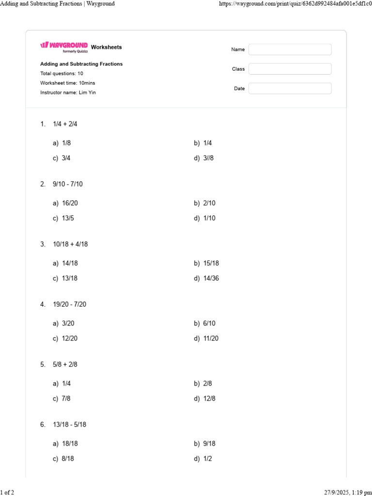 Adding and Subtracting Fractions Quiz | PDF